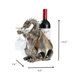 HEINBOW Steampunk Dragon Wine Bottle Wine Holder Statue with Two Wine Glasses Holder Wine Rack Gothic Decor Metallic Look for Home Man Cave Decor Gifts for Men 11.6''High