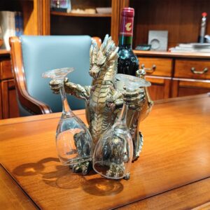 HEINBOW Steampunk Dragon Wine Bottle Wine Holder Statue with Two Wine Glasses Holder Wine Rack Gothic Decor Metallic Look for Home Man Cave Decor Gifts for Men 11.6''High