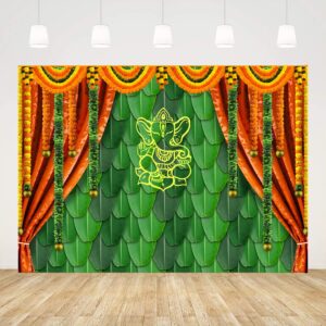 ticuenicoa 7x5ft india pooja traditional photography backdrop banana leaf green chatiya ganesh background puja ganpati pooja mehndi backdrops decorations wedding party marigold garlands photo props