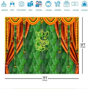 Ticuenicoa 7x5ft India Pooja Traditional Photography Backdrop Banana Leaf Green Chatiya Ganesh Background Puja Ganpati Pooja Mehndi backdrops Decorations Wedding Party Marigold Garlands Photo Props