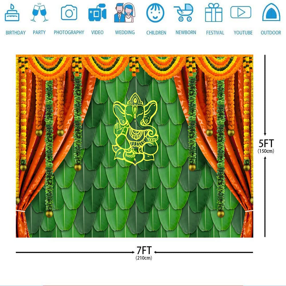 Ticuenicoa 7x5ft India Pooja Traditional Photography Backdrop Banana Leaf Green Chatiya Ganesh Background Puja Ganpati Pooja Mehndi backdrops Decorations Wedding Party Marigold Garlands Photo Props