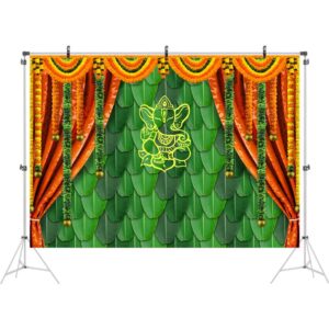 Ticuenicoa 7x5ft India Pooja Traditional Photography Backdrop Banana Leaf Green Chatiya Ganesh Background Puja Ganpati Pooja Mehndi backdrops Decorations Wedding Party Marigold Garlands Photo Props