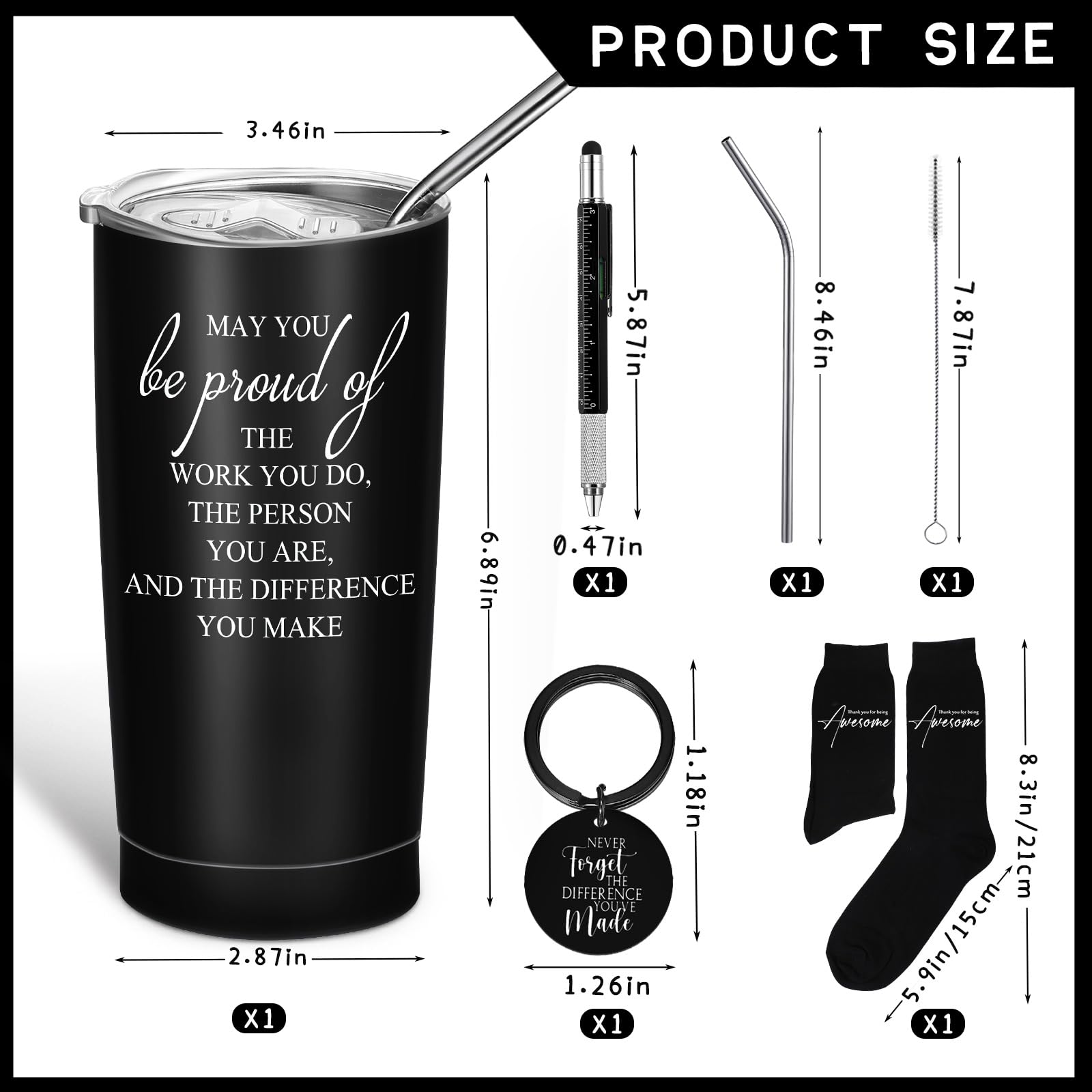 Gerrii Set of 4 Employee Appreciation Gifts for Men 20 oz Stainless Steel Tumbler with Lid Straw Thank You Socks Inspirational Keychain Metal Ballpoint Pen Birthday Thank You Gifts for Men(Black)