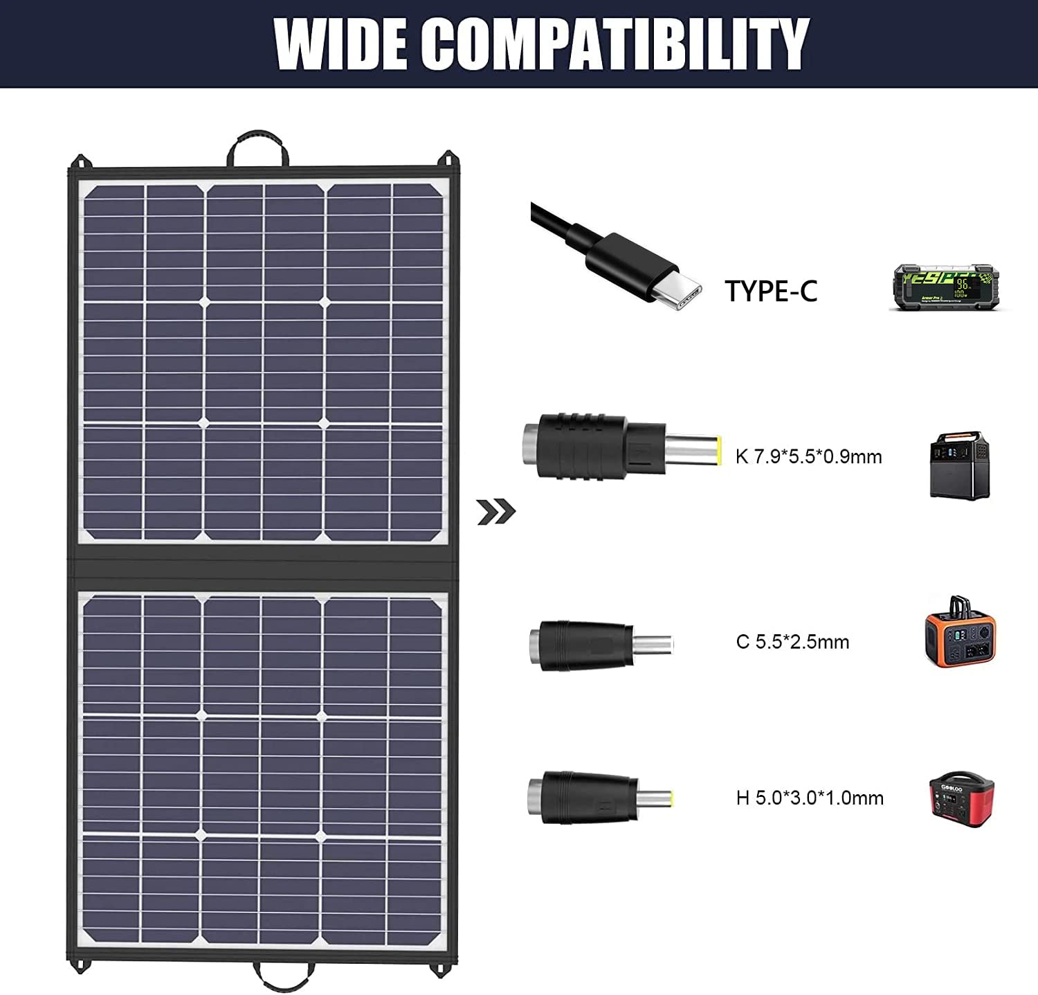 YESPER Foldable 100W Solar Panel Charger, Compatible with Armor PRO Portable Power Station, with Dual USB(USB-A & USB-C) & 18V DC Output(3 Connectors), for Outdoor Camping Van RV Trip