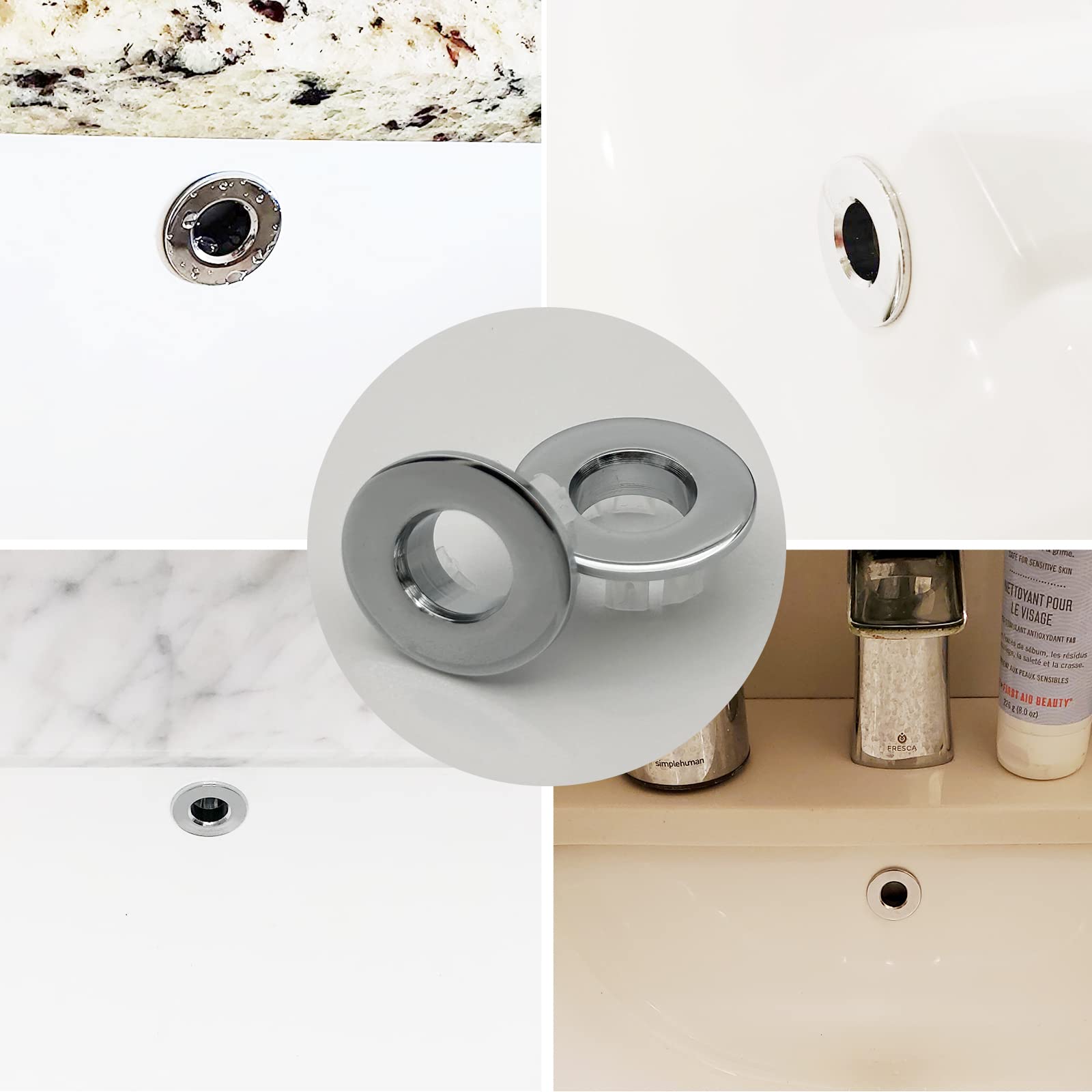 DEAKYNE 2 Pack Sink Overflow Ring Chrome Bathroom Vanity Sink Overflow Cover Insert in Round Trim Cap Brass Material