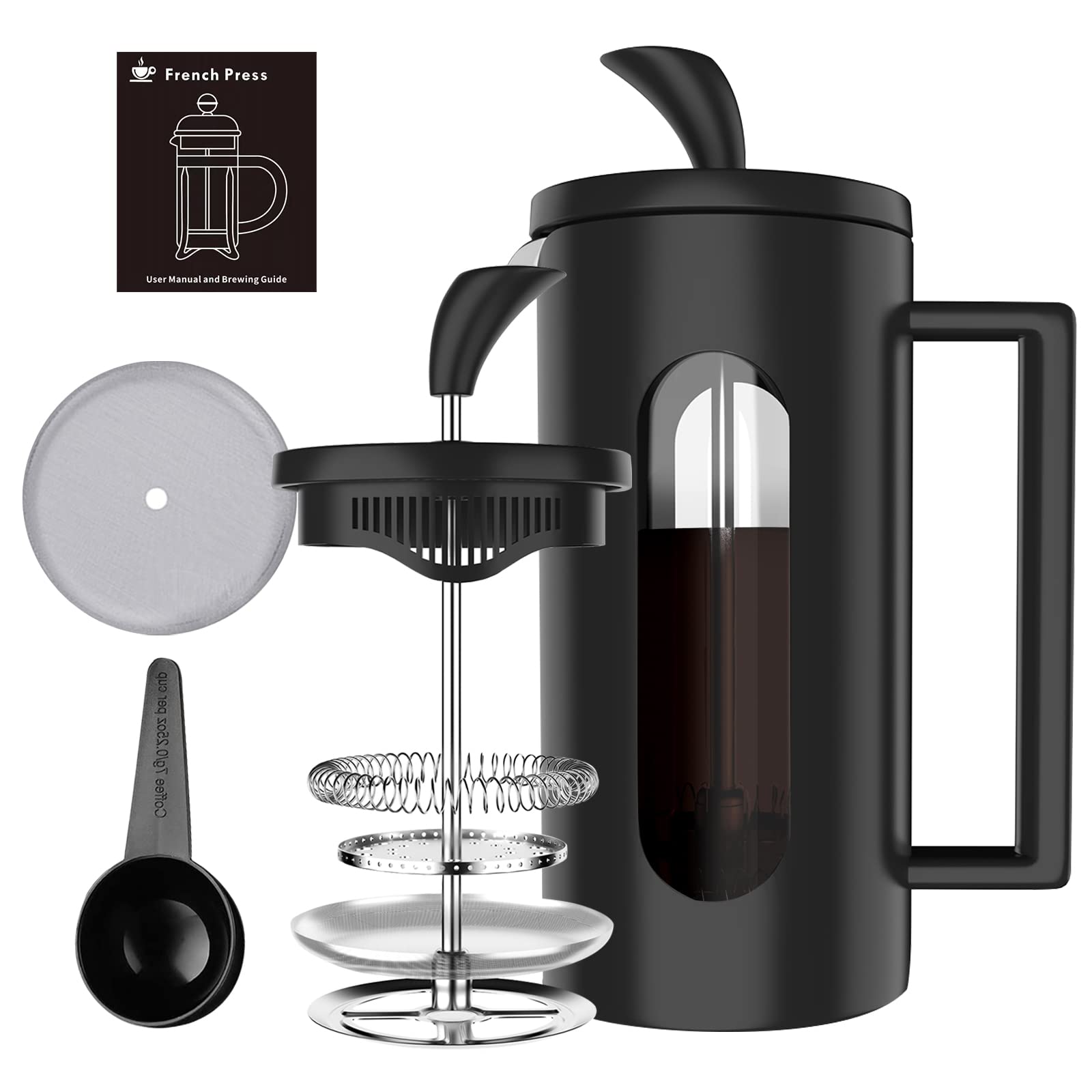 BOMPCAFE 1-2 Cups French Press Coffee Maker Cafetiere - 350ML - 4 Level Filtration System, Heat Resistant Borosilicate Glass with Stainless Steel Filter, 12 oz/350 ML