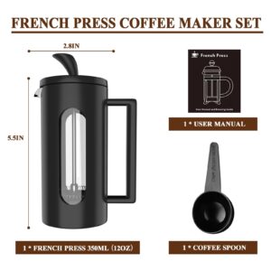 BOMPCAFE 1-2 Cups French Press Coffee Maker Cafetiere - 350ML - 4 Level Filtration System, Heat Resistant Borosilicate Glass with Stainless Steel Filter, 12 oz/350 ML