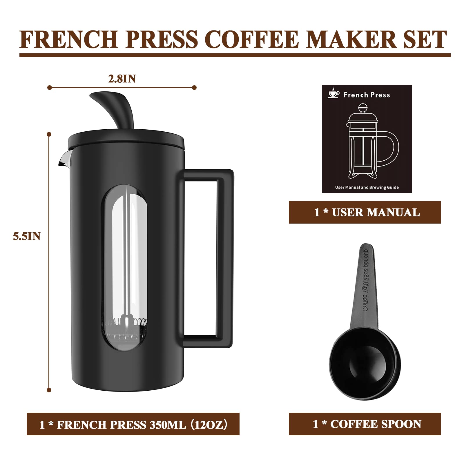 BOMPCAFE 1-2 Cups French Press Coffee Maker Cafetiere - 350ML - 4 Level Filtration System, Heat Resistant Borosilicate Glass with Stainless Steel Filter, 12 oz/350 ML