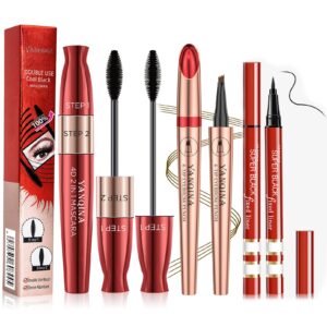 5x longer voluminous eyelashes, 2 in 1 vibely mascara & dark coffee eyebrow pencil & black eyeliner, waterproof no clumping (3 set)