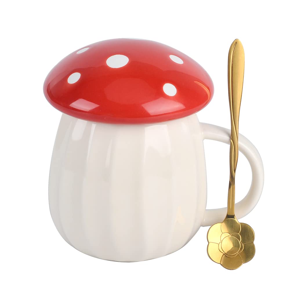 XinHuiGY Mushroom Mug, Cute Coffee Mug with Lid and Flower Spoon, Kawaii Mushroom Tea Cup, 250ml/8oz Funny Mushroom Cup for Milk, Gift for women, Girl,Christmas, Birthdays (Red)