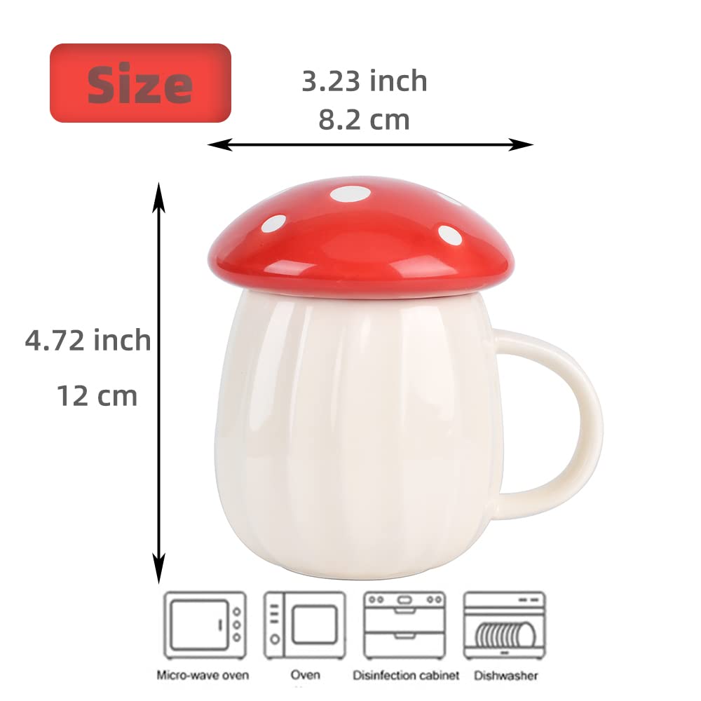 XinHuiGY Mushroom Mug, Cute Coffee Mug with Lid and Flower Spoon, Kawaii Mushroom Tea Cup, 250ml/8oz Funny Mushroom Cup for Milk, Gift for women, Girl,Christmas, Birthdays (Red)