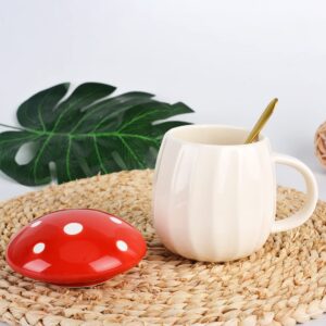 XinHuiGY Mushroom Mug, Cute Coffee Mug with Lid and Flower Spoon, Kawaii Mushroom Tea Cup, 250ml/8oz Funny Mushroom Cup for Milk, Gift for women, Girl,Christmas, Birthdays (Red)