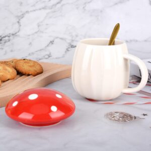 XinHuiGY Mushroom Mug, Cute Coffee Mug with Lid and Flower Spoon, Kawaii Mushroom Tea Cup, 250ml/8oz Funny Mushroom Cup for Milk, Gift for women, Girl,Christmas, Birthdays (Red)