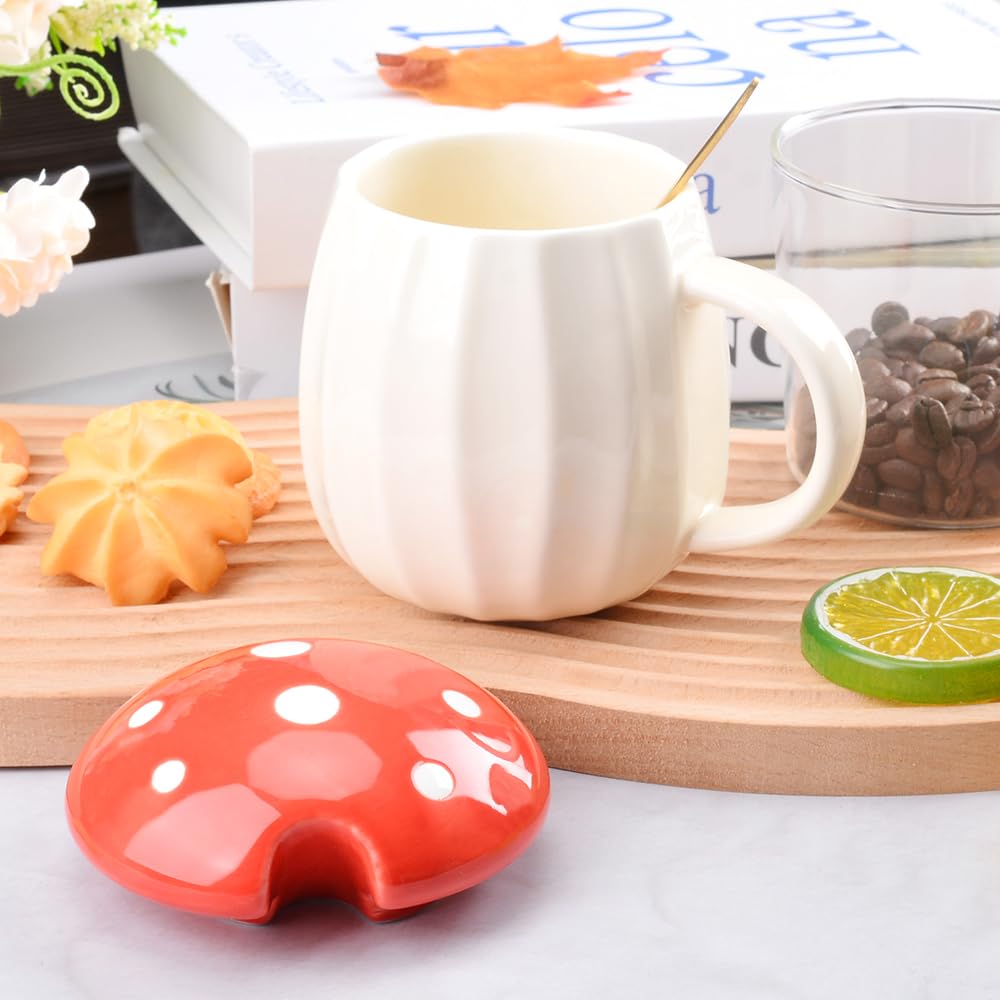 XinHuiGY Mushroom Mug, Cute Coffee Mug with Lid and Flower Spoon, Kawaii Mushroom Tea Cup, 250ml/8oz Funny Mushroom Cup for Milk, Gift for women, Girl,Christmas, Birthdays (Red)