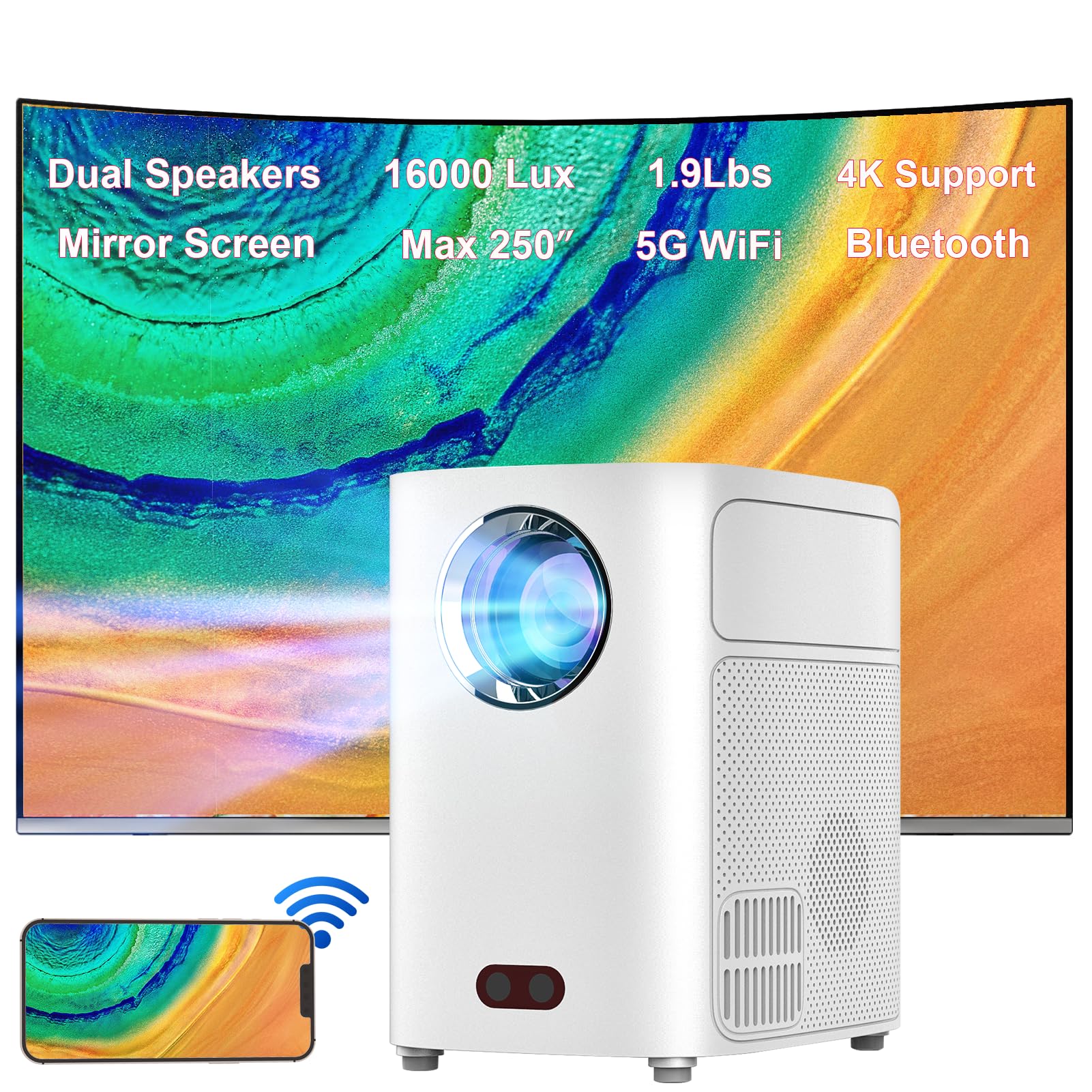 Mini Projector, Native 1080P Projector 1.9lbs, 16000Lux 250" Display & Dual Hi-Fi Speakers, 5G WIFI and Bluetooth Wireless Screen Mirroring Projector for Home Indoor Ourdoor Compatible with PS5/PC/TV