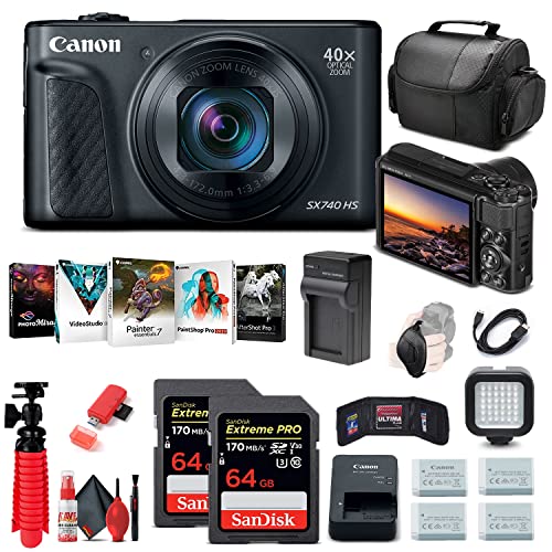 Canon PowerShot SX740 HS Digital Camera (Black) (2955C001) + 2 x 64GB Cards + 3 x NB13L Batteries + Corel Photo Software + Charger + Card Reader + Light + Bag + More (International Model) (Renewed)