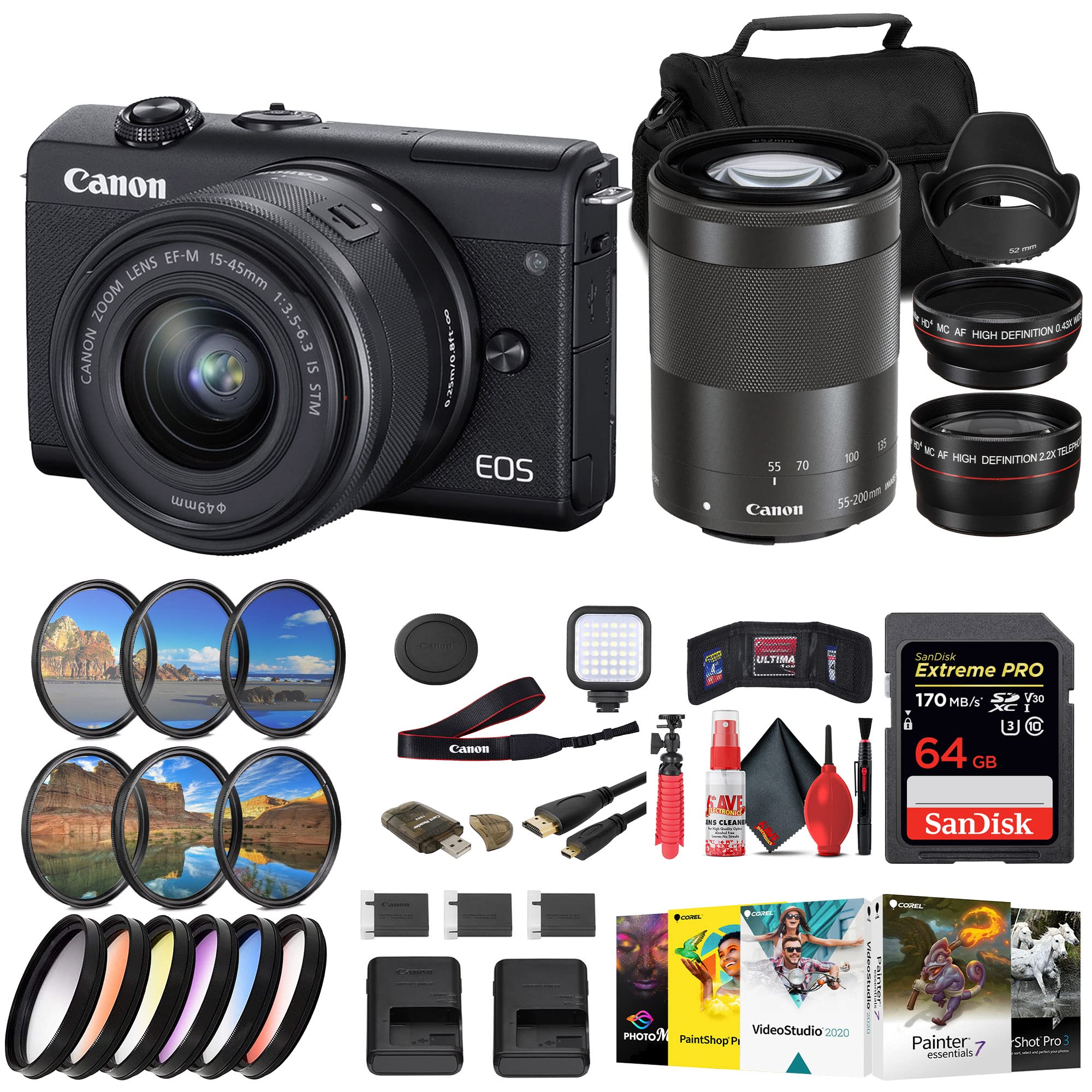 Canon EOS M200 Mirrorless Camera with 15-45mm and 55-200mm Lenses (Black) (3699C009) + Filter Kit + 2 x 64GB Card + Charger + 2 x LPE12 Battery + Card Reader + More (Renewed)