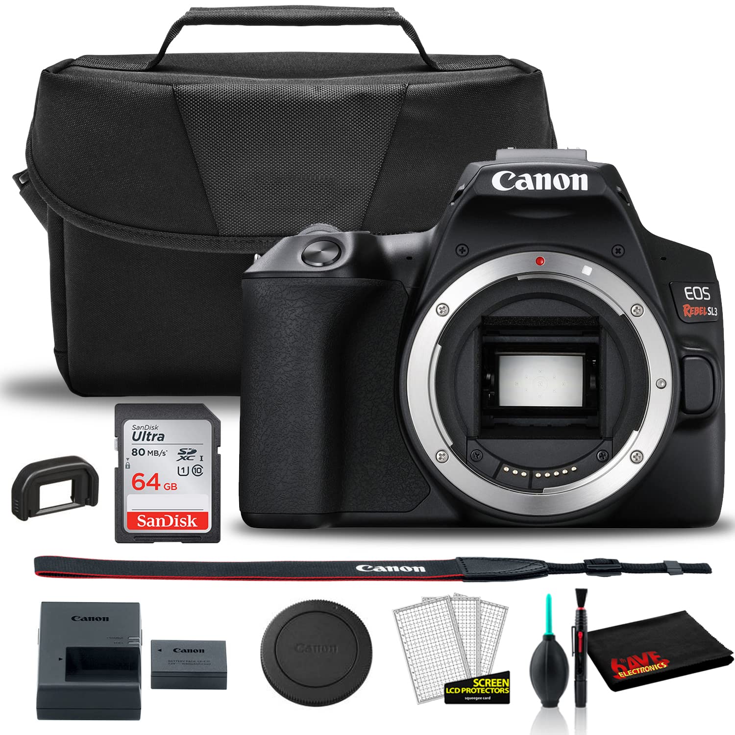 Canon EOS Rebel SL3 DSLR Camera (Black, Body Only) (3453C001) + EOS Bag + Sandisk Ultra 64GB Card + Clean and Care Kit (Renewed)