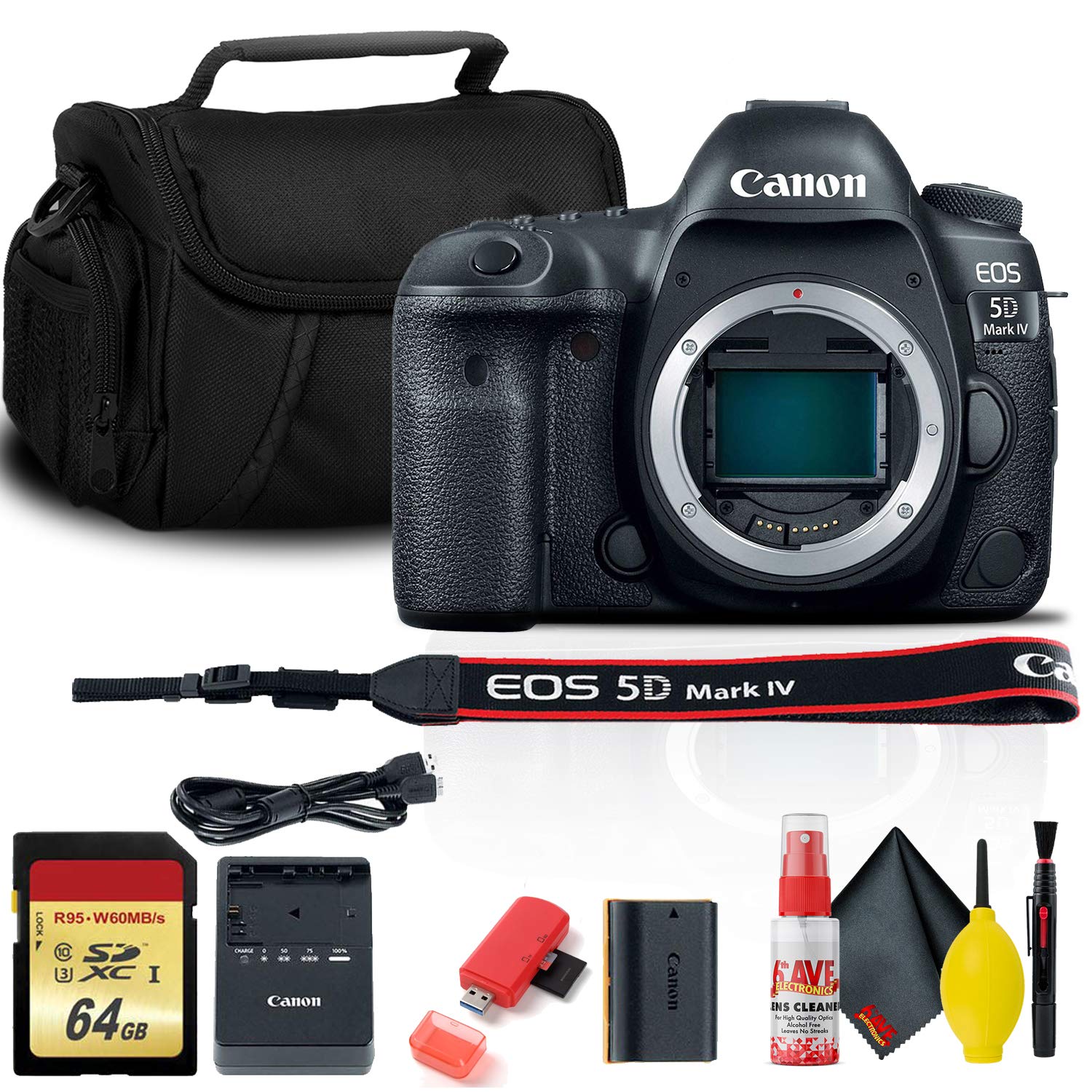 Canon EOS 5D Mark IV DSLR Camera (1483C002) with 64GB Memory Card, Case, Cleaning Set and More - International Model - Starter Bundle (Renewed)