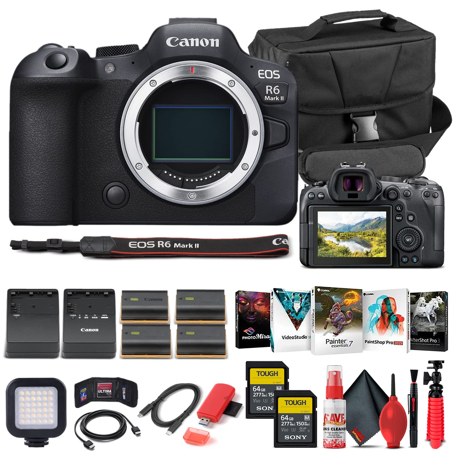 Canon EOS R6 Mark II Mirrorless Camera (5666C002) + 2 x 64GB Memory Card + Case + Corel Photo Software + 3 x LPE6 Battery + Charger + Card Reader + LED Light + More (INTL. Model) (Renewed)