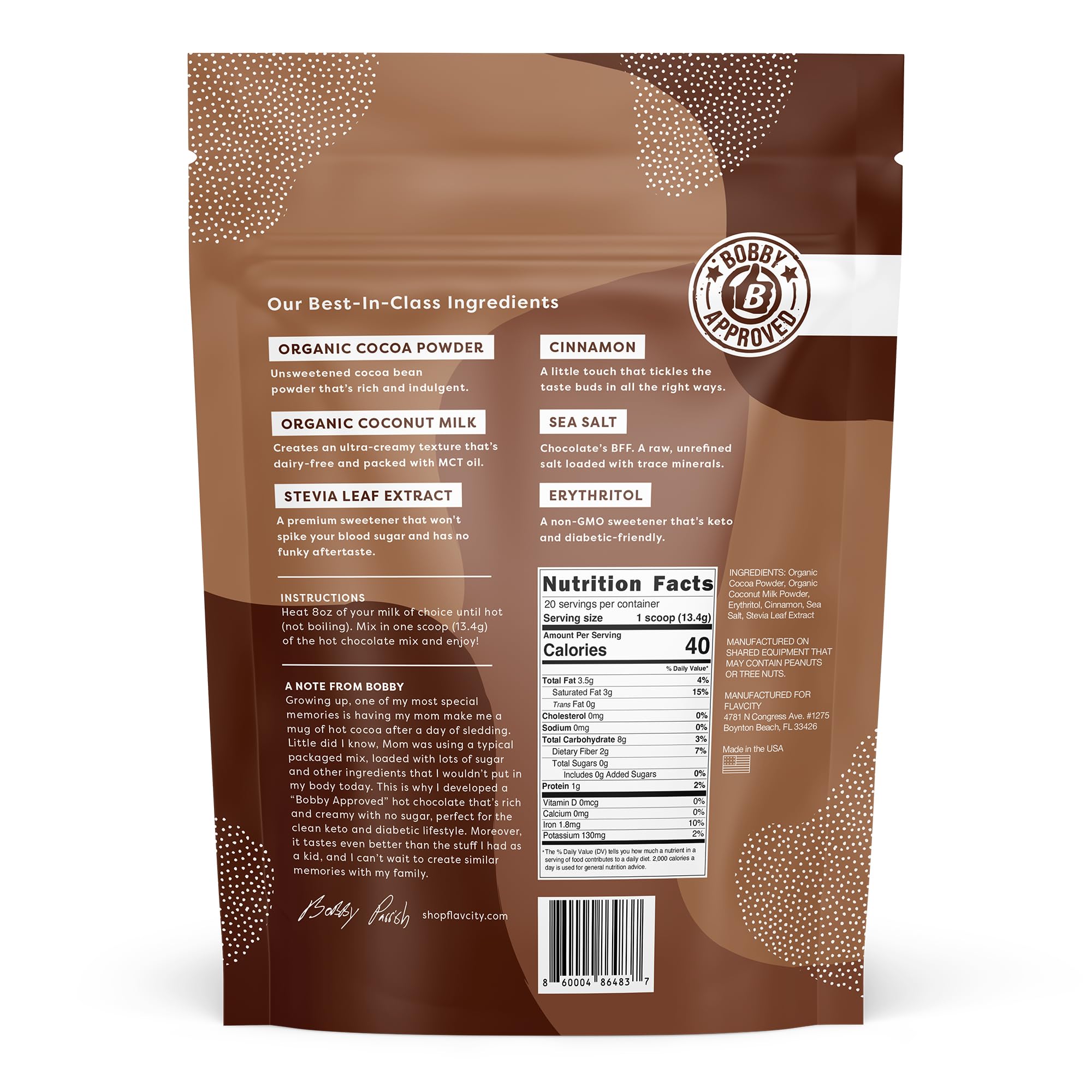 FlavCity Keto Hot Chocolate Powder, Original – Dairy-Free & Sugar-Free Organic Cocoa Powder Drink Mix – High-Fiber, Low-Carb & Gluten-Free Prebiotic - Vegan & Non-GMO (9.4 Oz)