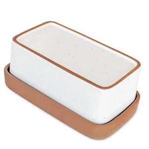 mora ceramic two-in-one butter dish with lid, covered butter crock container to leave on countertop - large storage keeper/holder for kitchen, gifts for her, butter tray for counter - vanilla white