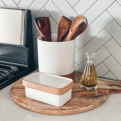 Mora Ceramic Two-in-One Butter Dish with Lid, Covered Butter Crock Container to Leave on Countertop - Large Storage Keeper/Holder for Kitchen, Gifts for Her, Butter Tray For Counter - Vanilla White