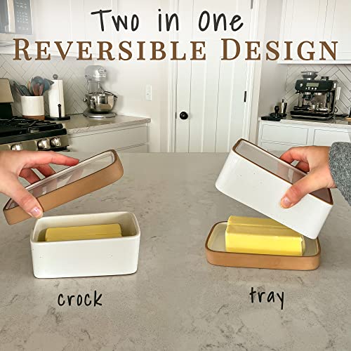 Mora Ceramic Two-in-One Butter Dish with Lid, Covered Butter Crock Container to Leave on Countertop - Large Storage Keeper/Holder for Kitchen, Gifts for Her, Butter Tray For Counter - Vanilla White