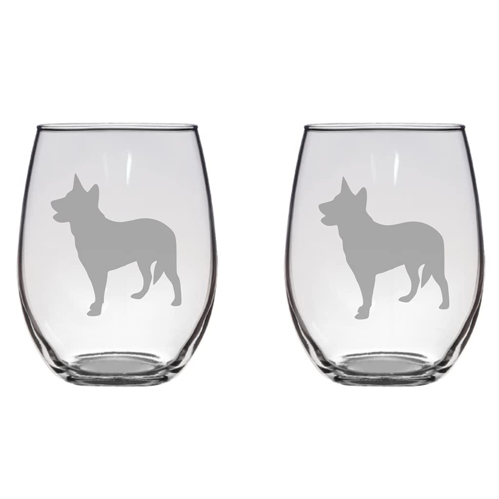 Blue Heeler Etched Stemless Wine Glasses - Set of 2/4/6/8-20.5oz Glassware (Set of Two (2))