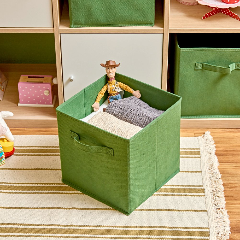 EZOWare Set of 10 Fabric Basket Bins Bundle Kit, Kale Green Collapsible Organizer Storage Cube with Handles for Home, Bedroom, Baby Nursery, Kids Playroom Toys - 13"x15"x13" + 10.5"x 10.5"x 11"