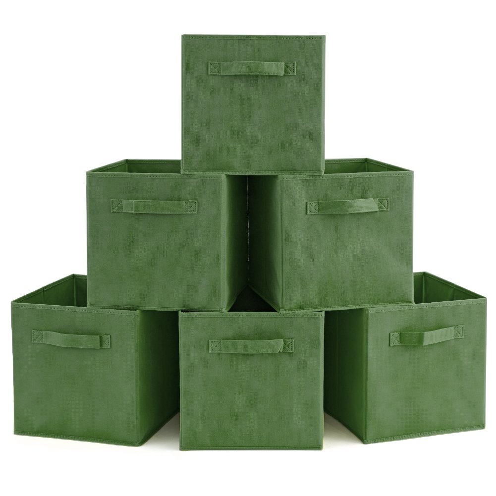 EZOWare Set of 10 Fabric Basket Bins Bundle Kit, Kale Green Collapsible Organizer Storage Cube with Handles for Home, Bedroom, Baby Nursery, Kids Playroom Toys - 13"x15"x13" + 10.5"x 10.5"x 11"