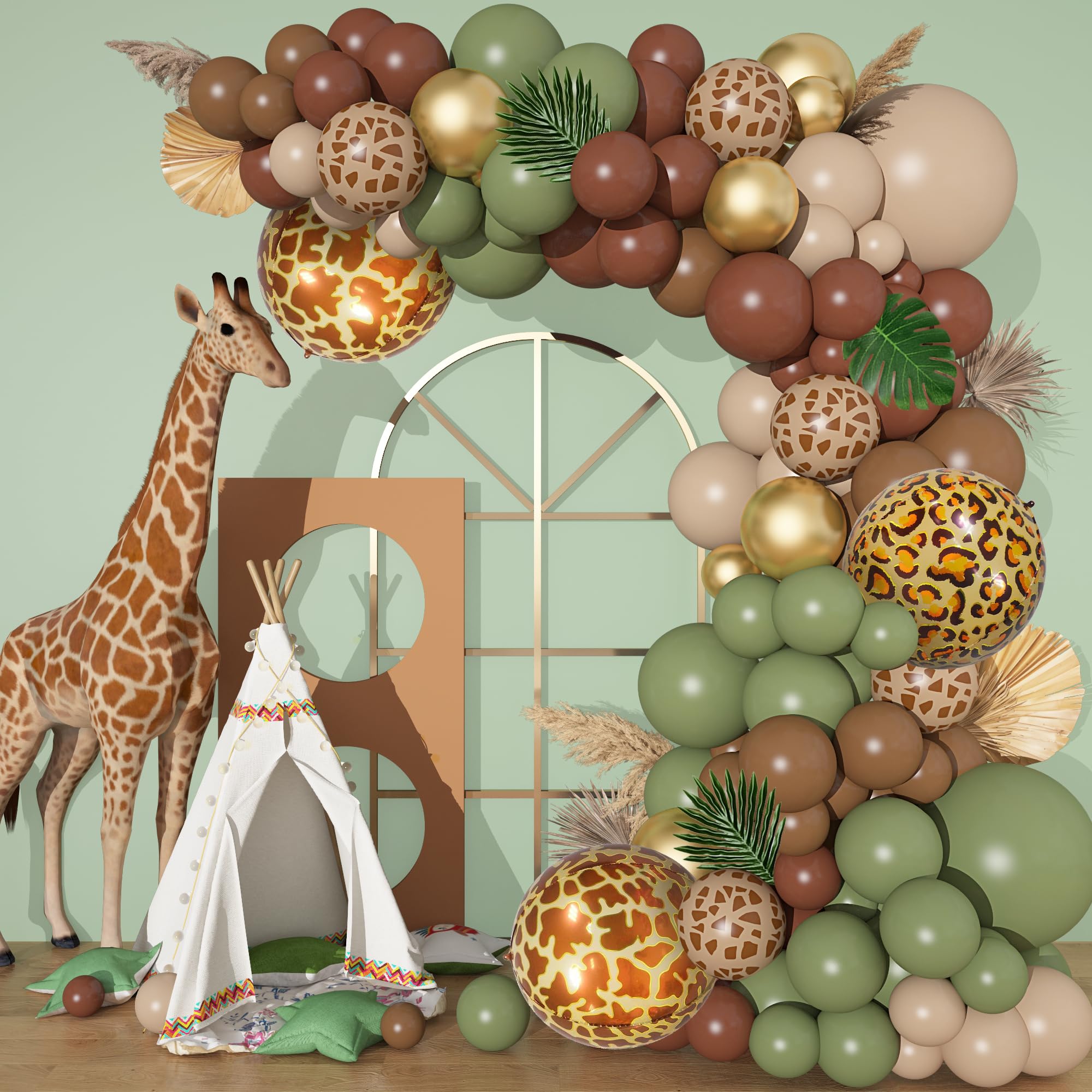 150Pcs Safari Fall Balloon Garland Arch Kit, Jungle Animal Print Olive Sage Green Brown Balloons for Wild One Baby Shower Party for Boy Girl First Birthday Wedding Party Decorations