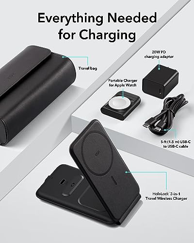 ESR 3 in 1 Charger for Magsafe, Travel Charger Stand for Magsafe, Made for Apple Watch Certified, Foldable Charging Station Compatible with Magsafe and iPhone 15/14/13/12, AirPods Pro, Black