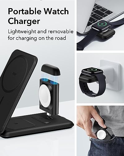 ESR 3 in 1 Charger for Magsafe, Travel Charger Stand for Magsafe, Made for Apple Watch Certified, Foldable Charging Station Compatible with Magsafe and iPhone 15/14/13/12, AirPods Pro, Black