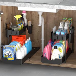 uwbgrt 2-tier under sink organizers and storage 𝟐 pack sliding l-shape bathroom kitchen cabinet organizers with hooks,hanging cups, narrow space storage multi-purpose sink organizer