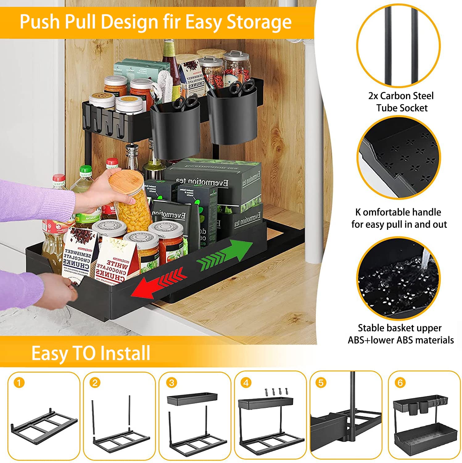 UWBGRT 2-Tier Under Sink Organizers and Storage 𝟐 Pack Sliding L-Shape Bathroom Kitchen Cabinet Organizers with Hooks,Hanging Cups, Narrow Space Storage Multi-Purpose Sink Organizer