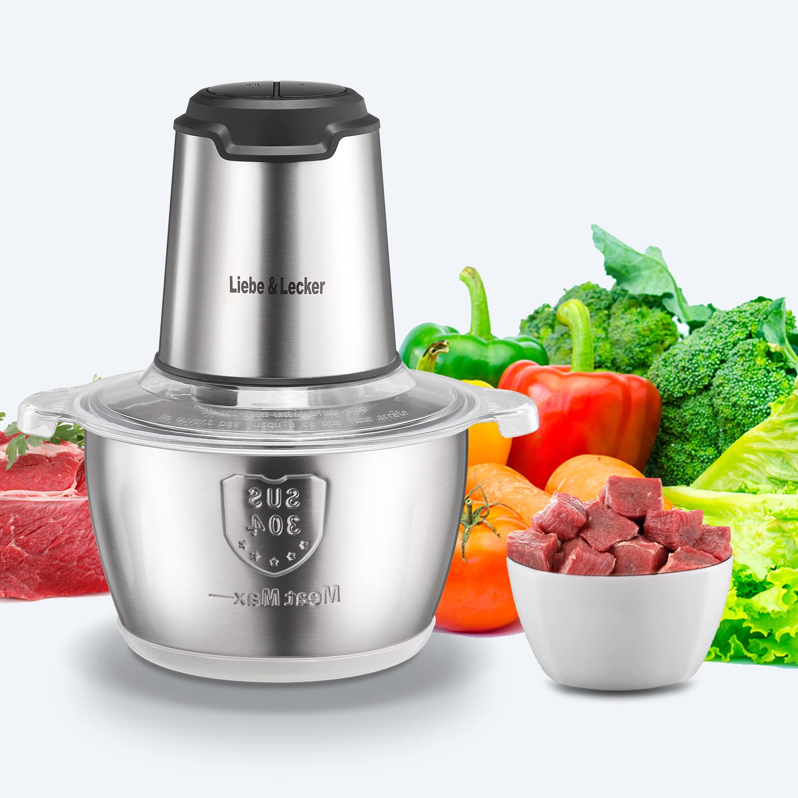 Liebe&Lecker Food Processor, Meat Grinder with 1 Bowl 8 Cup, Electric Food Chopper with 4 Large Sharp Blades for Meat, Fruits, Vegetables, Baby Food, Nuts, 2 Speed, 350W