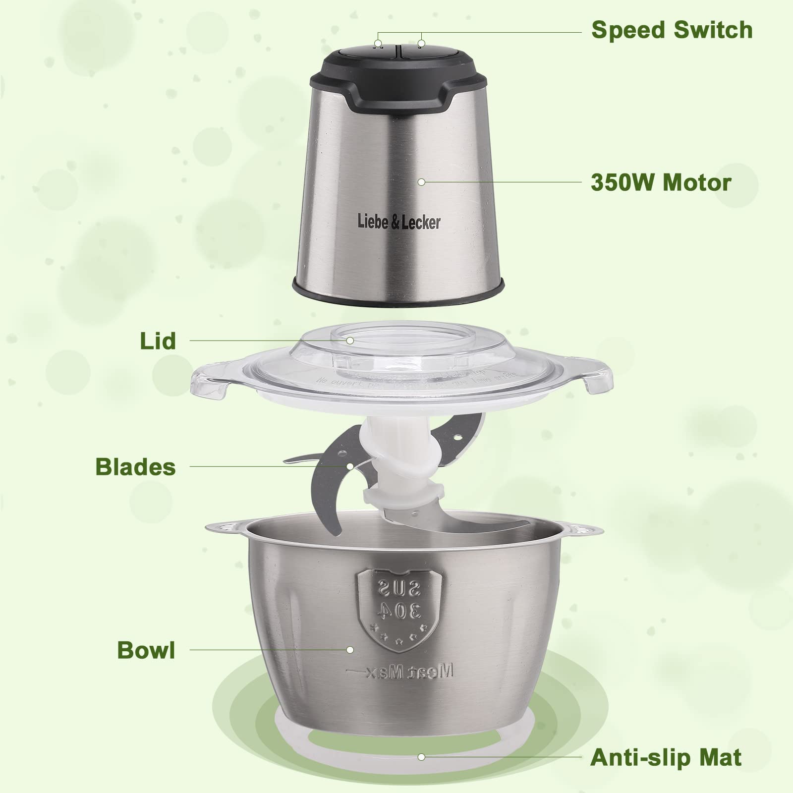 Liebe&Lecker Food Processor, Meat Grinder with 1 Bowl 8 Cup, Electric Food Chopper with 4 Large Sharp Blades for Meat, Fruits, Vegetables, Baby Food, Nuts, 2 Speed, 350W