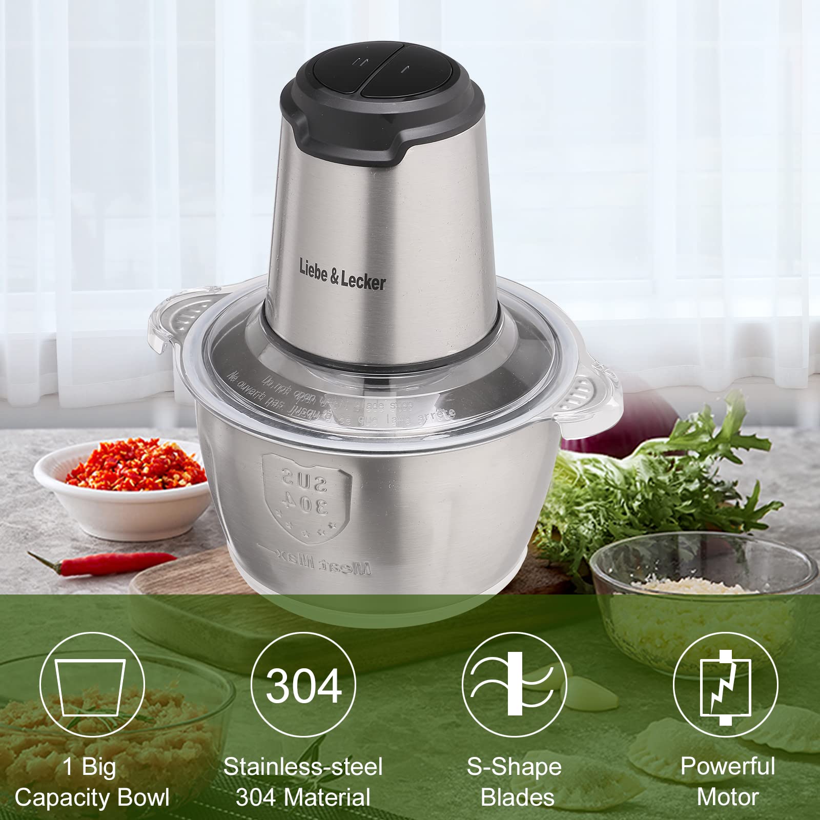 Liebe&Lecker Food Processor, Meat Grinder with 1 Bowl 8 Cup, Electric Food Chopper with 4 Large Sharp Blades for Meat, Fruits, Vegetables, Baby Food, Nuts, 2 Speed, 350W