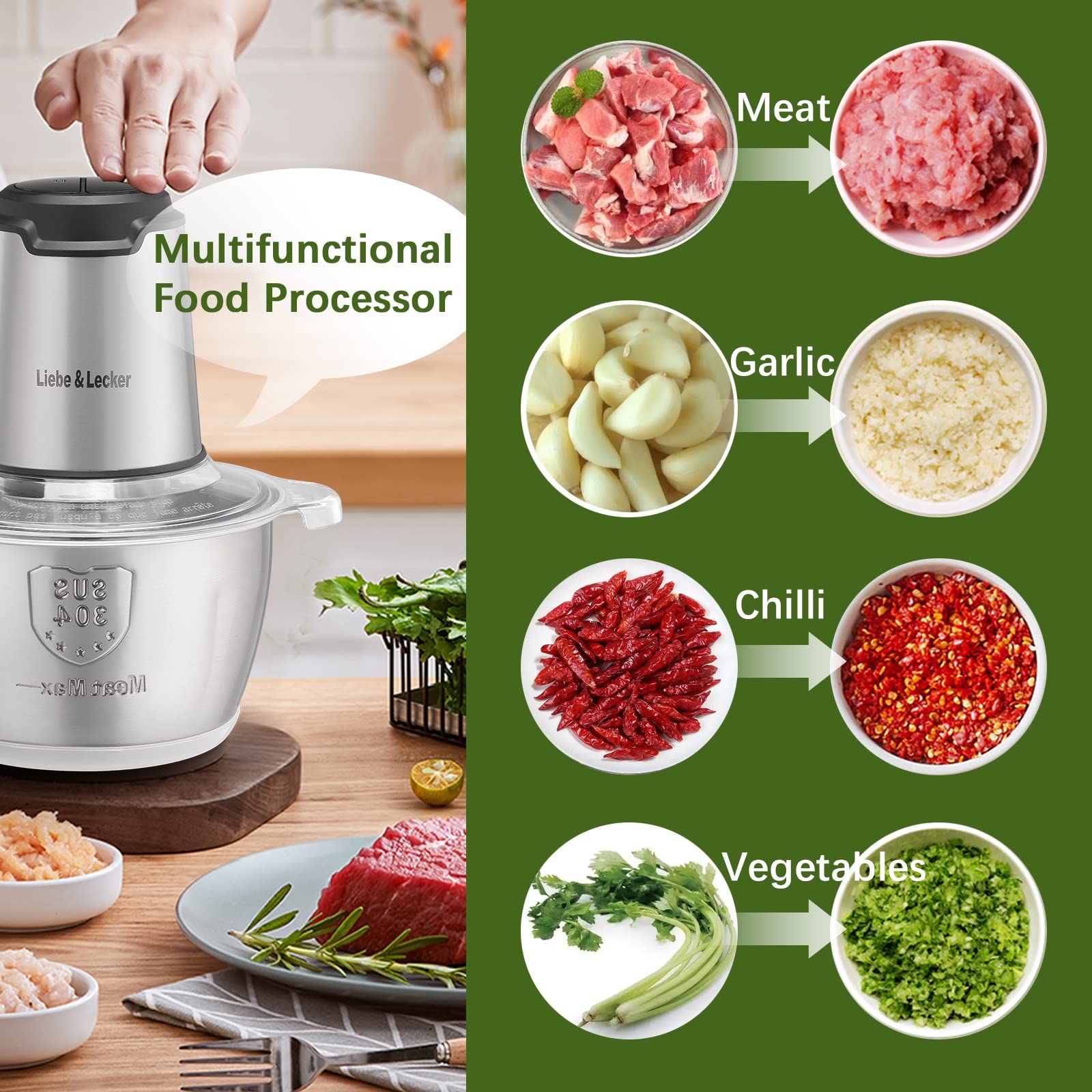 Liebe&Lecker Food Processor, Meat Grinder with 1 Bowl 8 Cup, Electric Food Chopper with 4 Large Sharp Blades for Meat, Fruits, Vegetables, Baby Food, Nuts, 2 Speed, 350W