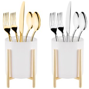 varku 2pcs sturdy cutlery holders, white ceramic cup with golden metal bracket, robust silverware caddy, round utensil crock for countertop, desktop flatware organizer for kitchen