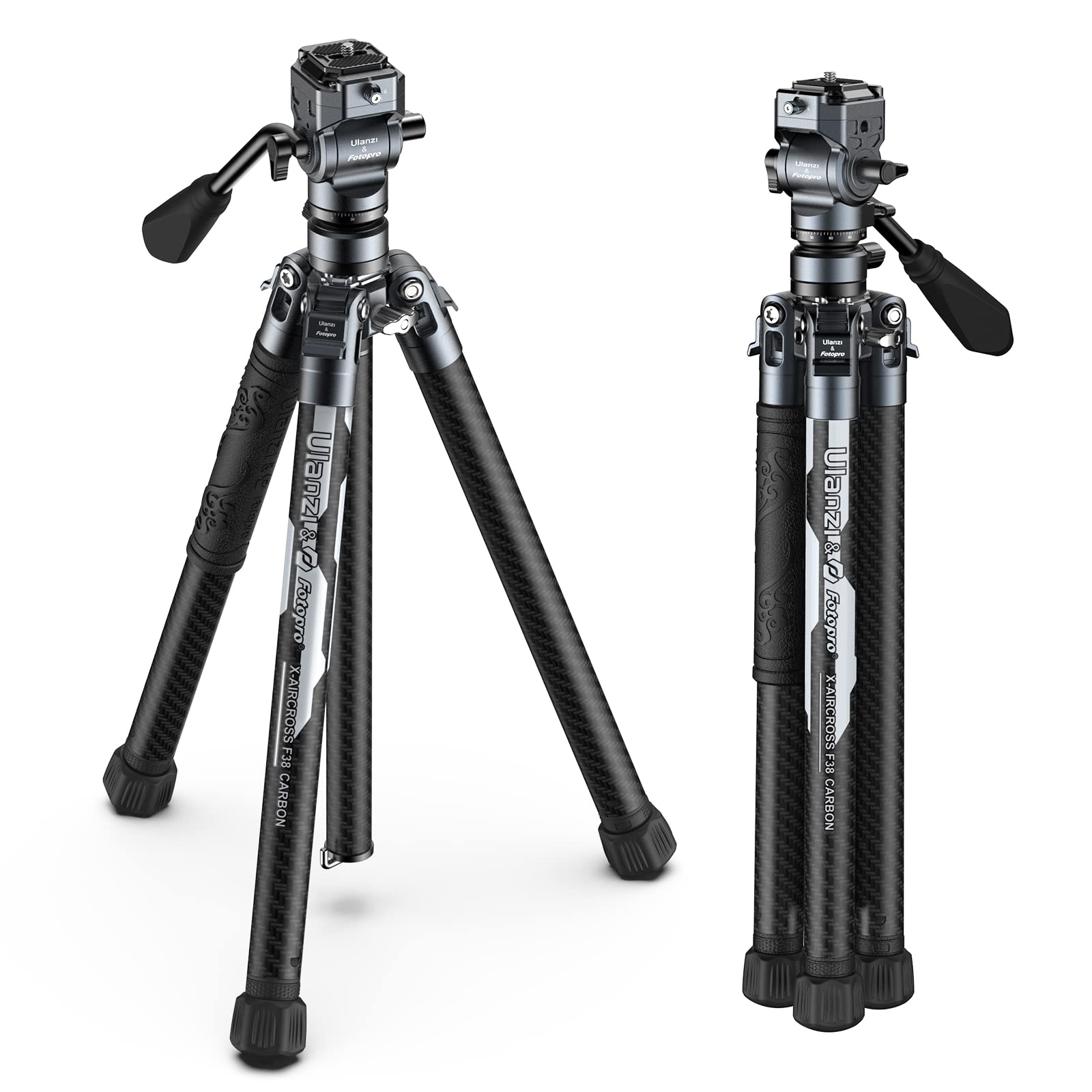 ULANZI F38 Video Travel Tripod, 61.4" Lightweight Carbon Fiber Camera Tripod with Quick Release 1/4" Screw & Video Head, for Most Cameras/DSLR/Projector, Weight 2.38lbs, Maxload 22lbs