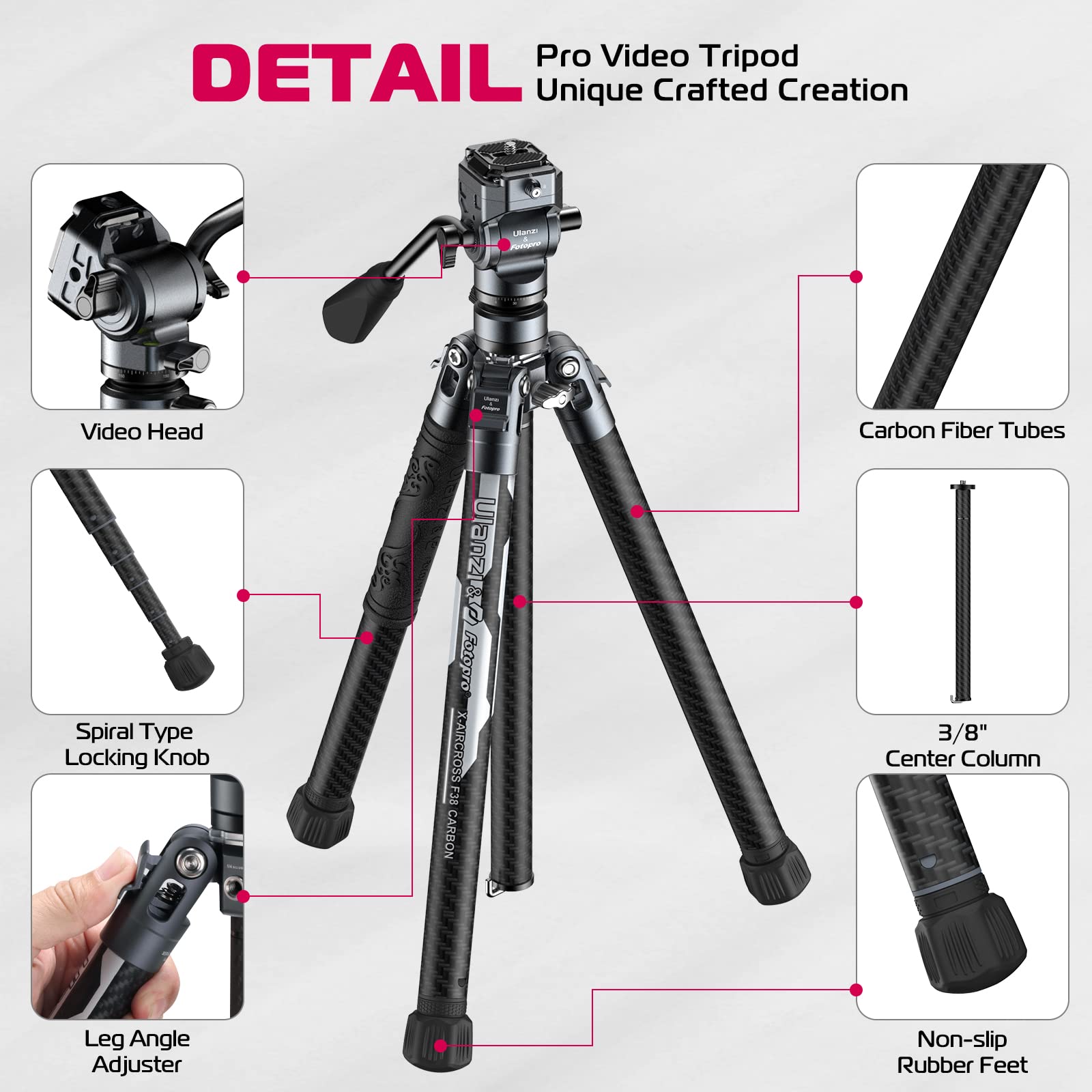 ULANZI F38 Video Travel Tripod, 61.4" Lightweight Carbon Fiber Camera Tripod with Quick Release 1/4" Screw & Video Head, for Most Cameras/DSLR/Projector, Weight 2.38lbs, Maxload 22lbs