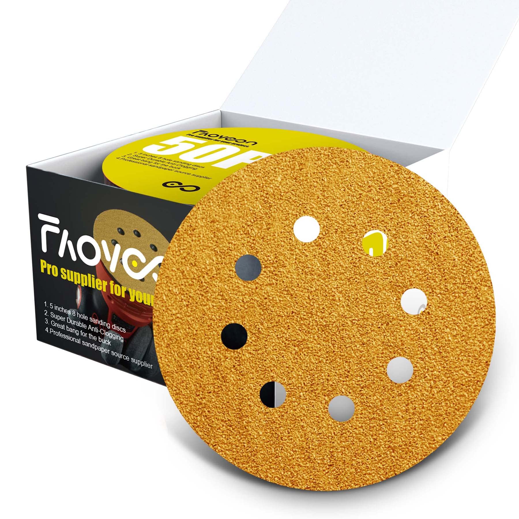 Faoyoon 5 Inch Sanding Discs Hook and Loop | 60/80/120/220/320 Grit Sandpaper Assortment | Orbital Sander Pads | Sand Paper for Automotive and Woodworking | 50 Pack