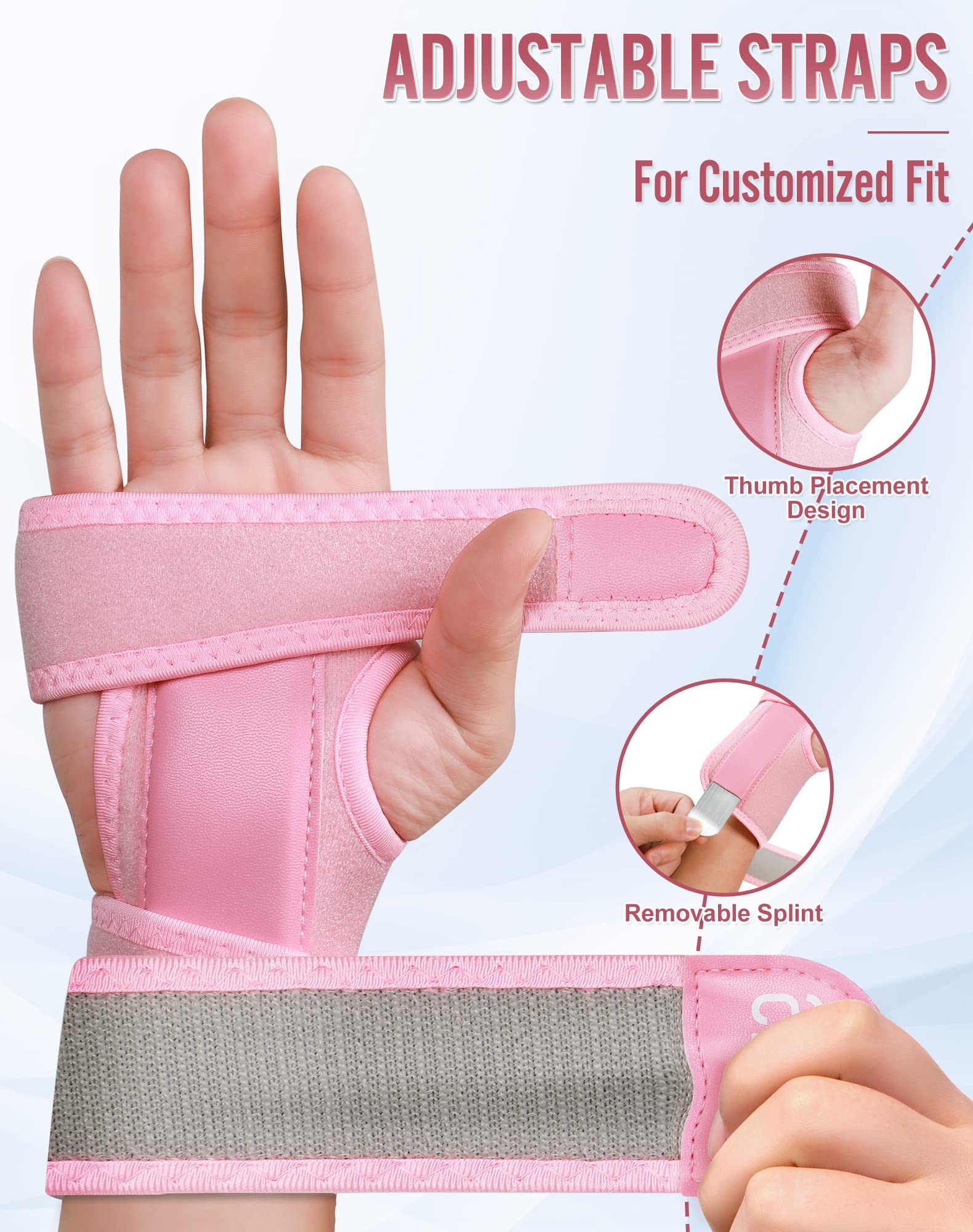 SUEH DESIGN Carpal Tunnel Wrist Brace Night Support, Adjustable Wrist Wrap for Tendonitis Arthritis and Workout Pains Relief, Wrist Splint for Right Hand, Pink