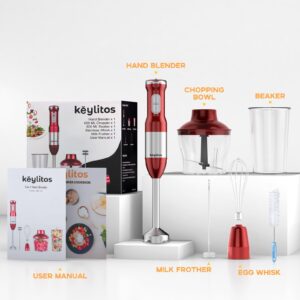 Keylitos 5 in 1 Immersion Hand Blender Mixer, [Upgraded] 1000W Handheld Stick Blender with 600ML Chopper, 800ML Beaker, Whisk and Milk Frother for Smoothie, Baby Food, Sauces Red,Puree, Soup (Red)