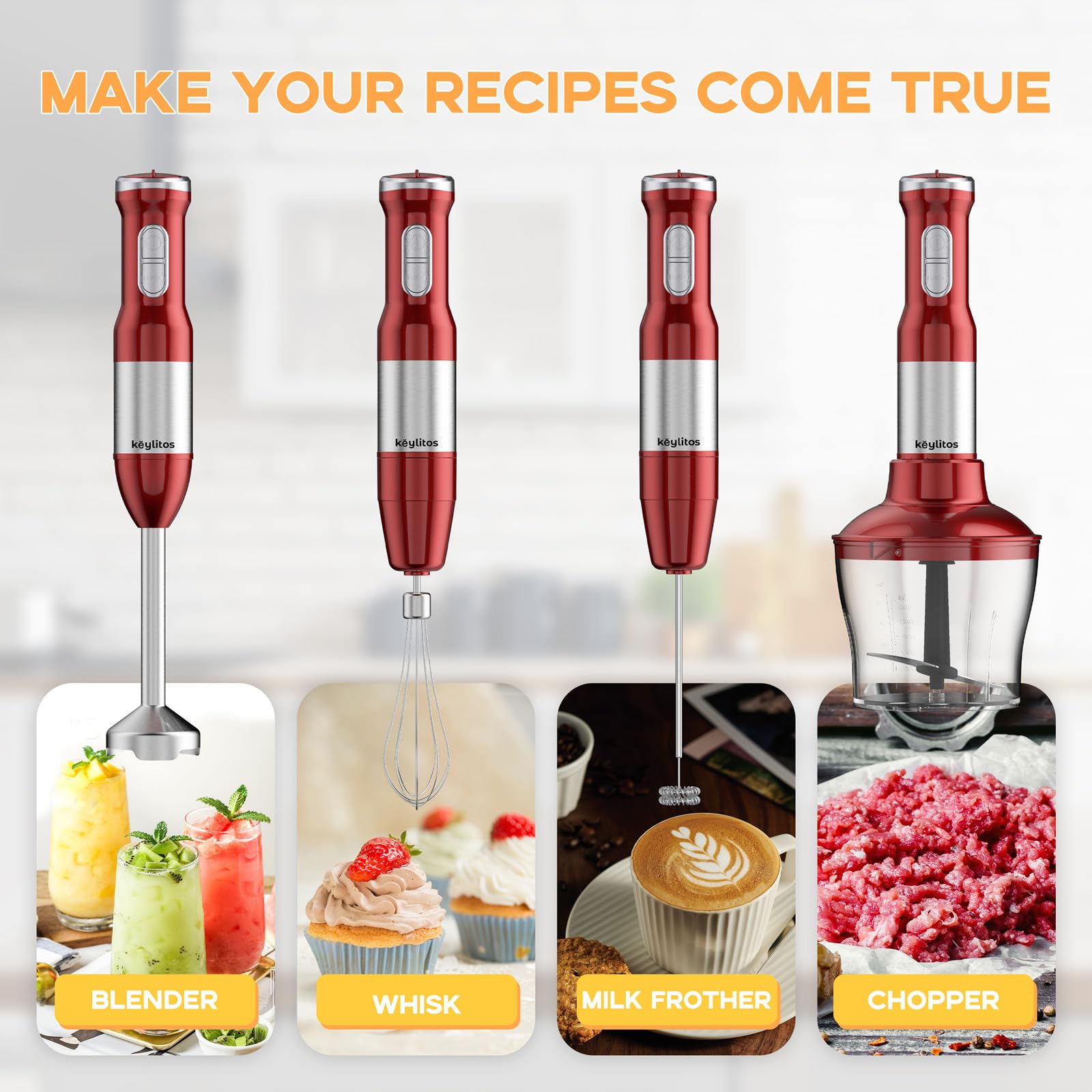 Keylitos 5 in 1 Immersion Hand Blender Mixer, [Upgraded] 1000W Handheld Stick Blender with 600ML Chopper, 800ML Beaker, Whisk and Milk Frother for Smoothie, Baby Food, Sauces Red,Puree, Soup (Red)