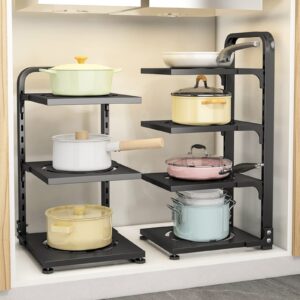 Generic 3 Tier Adjustable Pot and Pan Organizer for Cabinet, Black, Stainless Steel, 9x11x16 in