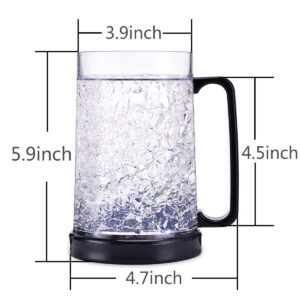 Freezer Ice Beer Mugs, Drinking Glasses, Double Wall Gel Frosty Beer Mugs, Cooling Wine Cups for Parties and Gifts, Clear 16oz Set of 3 (Blue, Red and Black)