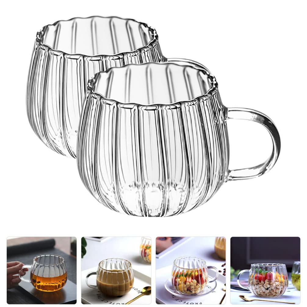 Zerodeko Glass Cups 2pcs Pumpkin Shaped Glass Mugs with Handle, Clear Coffee Mugs, Clear Drinking Cups Beverage Mugs Tea Mugs for Cappuccino, Latte, Espresso (350ml) Office Decor